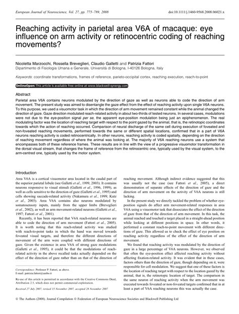 Pdf Reaching Activity In Parietal Area V6a Of Macaque Eye Influence On Arm Activity Or