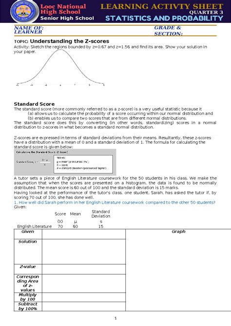 Understanding The Z Scores Topic Understanding The Z Scores Activity
