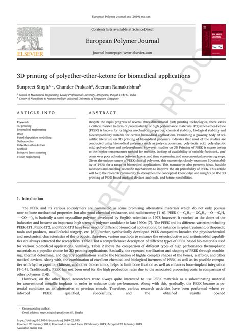 Pdf 3d Printing Of Polyether Ether Ketone For Biomedical Applications