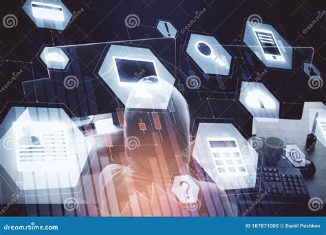 hacker using personal computer with glowing digital business interface
