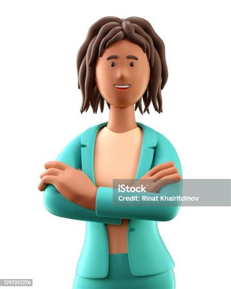 팔을 가진 아프리카 계 미국인 여성의 3d 그림이 교차했습니다 흰색으로 고립 된 만화 사업가의 초상화를 닫습니다 3차원 형태에