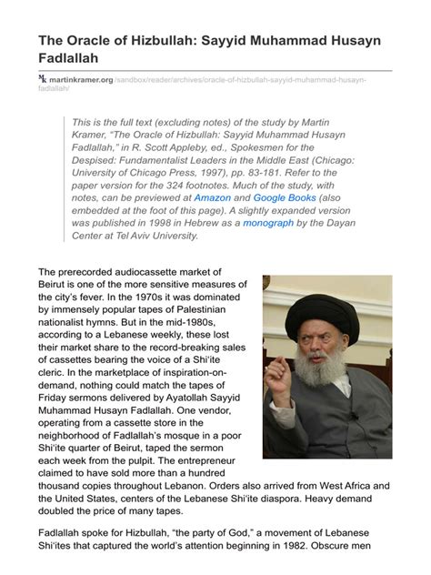 The Oracle Of Hizbullah Sayyid Muhammad Husayn Fadlallah 1 Pdf Najaf Shia Islam