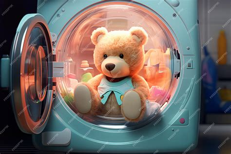 Plush Teddy Bear Seated In Washing Machine Drum In Laundry Premium Ai