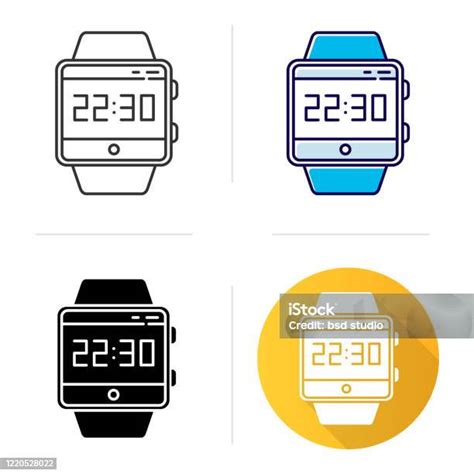 현재 시간 스마트 워치 기능 아이콘입니다 피트니스 팔찌 기능 시계 시간 측정 시간 분 및 초 계산 플랫 디자인 선형 및 색상 스타일 격리된 벡터 일러스트레이션 0명에 대한