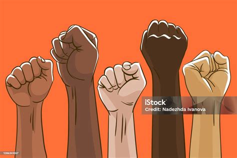 Ilustración De Grupo De Puños Levantados Multirraciales Juntos