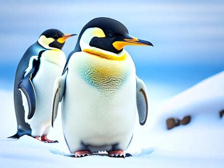 Two Penguins Standing Next To Each Other In The Snow Image Design ID