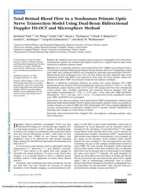 Pdf Total Retinal Blood Flow In A Nonhuman Primate Optic Nerve