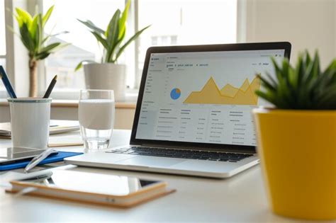 Professional Office Setup With Laptop Displaying Data Analytics Presentation For Enhanced