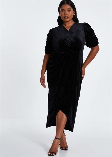 Quiz Black Curve Velvet Wrap Midi Dress Matalan