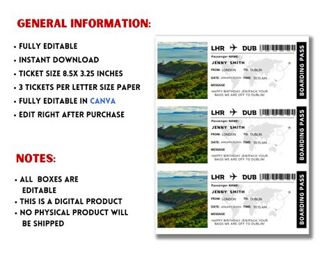 Editable Dublin Boarding Pass Template Ireland Trip Surprise T