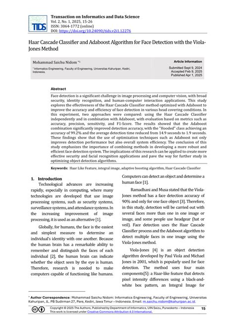 Pdf Haar Cascade Classifier And Adaboost Algorithm For Face Detection With The Viola Jones Method