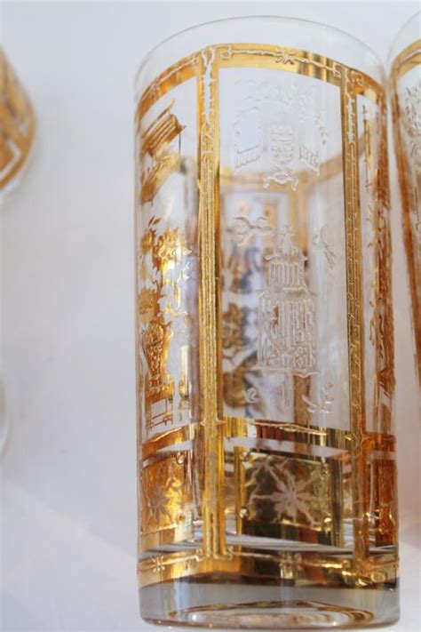 Culver Glass Tumblers W Oriental Design In Gold Mid Century Mod