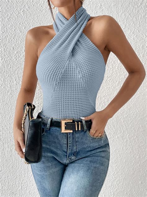 SHEIN Privé Solid Criss Cross Backless Halter Top SHEIN USA