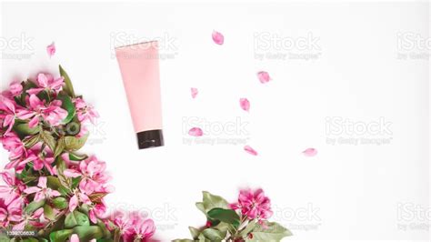 뷰티 컨셉 천연 화장품 흰색 배경에 손으로 크림과 사과 꽃의 가지 0명에 대한 스톡 사진 및 기타 이미지 0명 개체 그룹