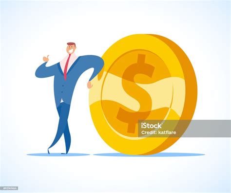 파란 양복과 격리 O N 흰색 배경에 서 있는 큰 황금 동전 사업가의 벡터 평면 그림 3차원 형태에 대한 스톡 벡터 아트 및