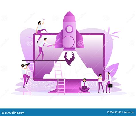 Poster With Rocket People Startup Company Launch Concept Flat Tiny