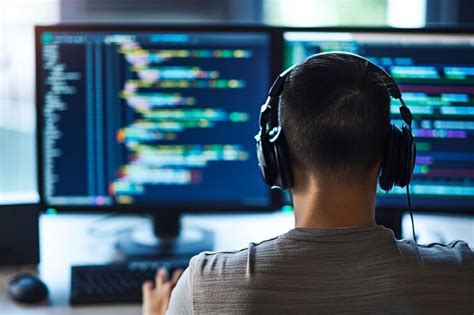 Coding Man Coding On A Computer Back View A Man Coding On A Computer Back View A Coder In His