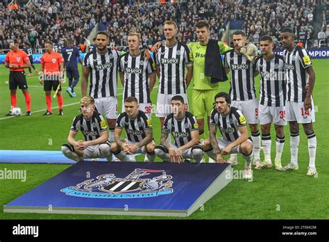 Newcastle United Players Line Up During The Uefa Champions League Match