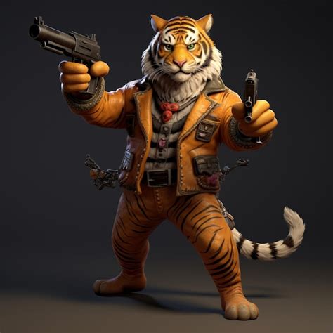 Premium Photo Anthropomorphic Tiger Holding A Gun Photorealistic Ai