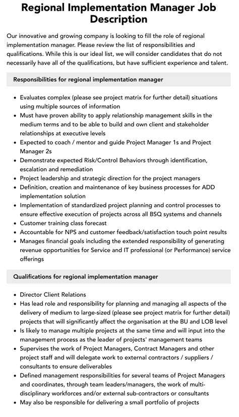 Regional Implementation Manager Job Description Velvet Jobs
