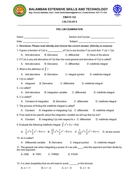 50 Copies Tq Emath 122 Pre Lim Exam Balansag 1 Pdf Integral