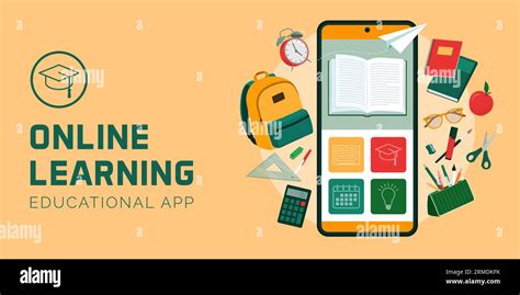 Online Learning Application On Smartphone And School Equipment Banner