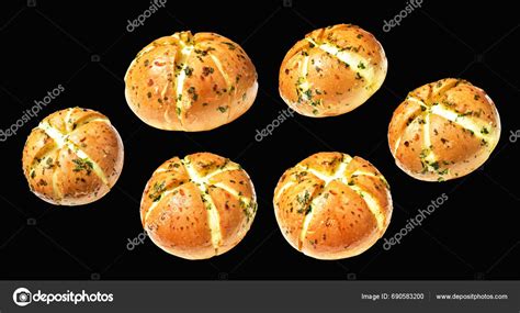 Korean Cream Cheese Garlic Bread Isolated Clipping Path Shadow Black