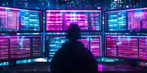 Cybersecurity Expert Reviews Data On Multiple Screens In Neonlit
