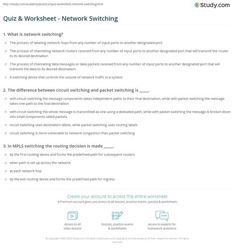 Quiz And Worksheet Network Switching