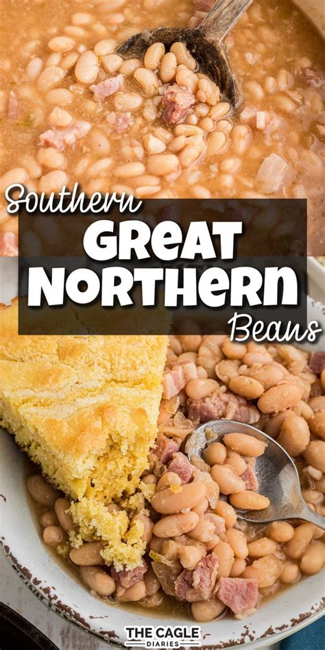 Southern Great Northern Beans In A Bowl With A Spoon And Cornbread On