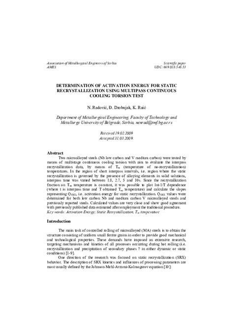 Pdf Determination Of Activation Energy For Static Recrystallization Using Multipass Continuous