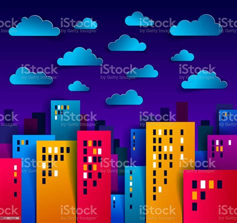 하늘에서 구름과 밤의 도시 풍경 종이 컷 아이 응용 프로그램 스타일 높은 도시 건물에 있는 만화 벡터 일러스트 레이 션 부동산 주택 자정 시간 0명에 대한 스톡 벡터 아트