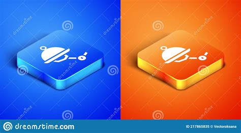 Isometric Waiter Robot With Covered Plate Icon Isolated On Blue And