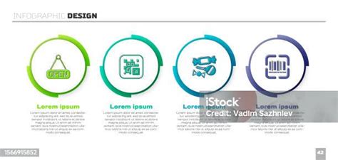 Set Hanging Sign With Open Qr Code Candy And Scanner Scanning Bar Business Infographic Template