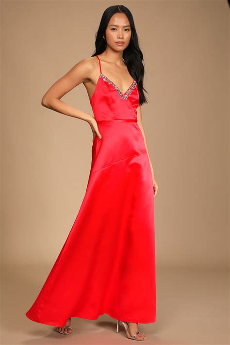 Red Maxi Dress Satin Dress Rhinestone Dress Maxi Dress Lulus