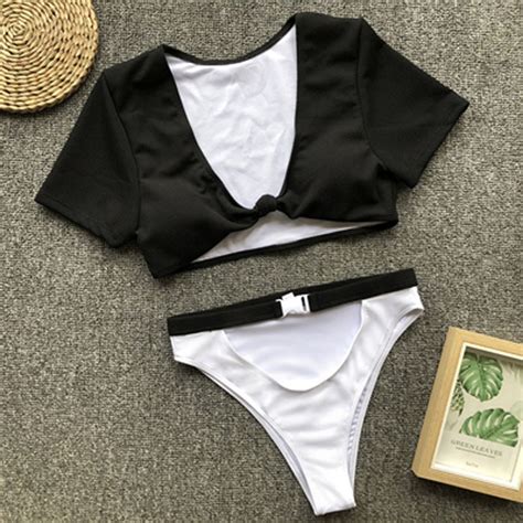 Short Sleeve Pad Crop Top And Hight Waist Swimwear Bathing Suit Power