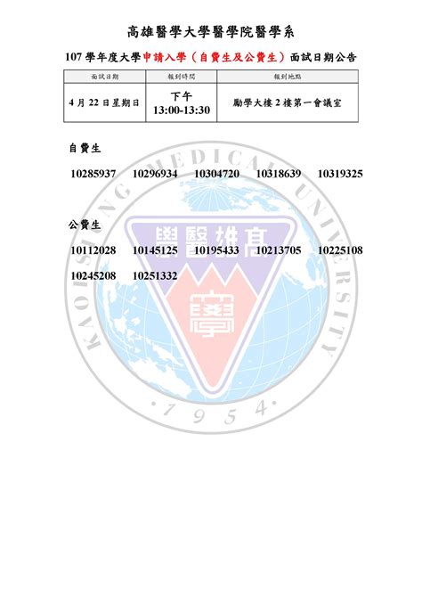 高雄醫學大學 醫學系 107學年度醫學系申請入學（自費生與公費生）各時段報到公告