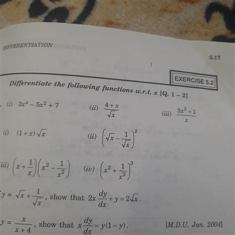 5 17differentiate the following functions w r t x[q 1 2] i 3x4−5x2