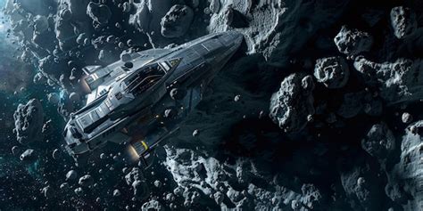 Starship Navigating Through A Dense Asteroid Field Premium Ai Generated Image