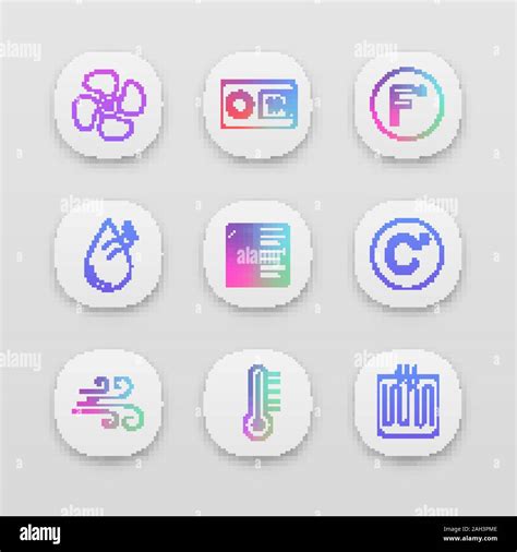 Air Conditioning App Icons Set Exhaust Fan Thermostat Fahrenheit Celsius Degrees