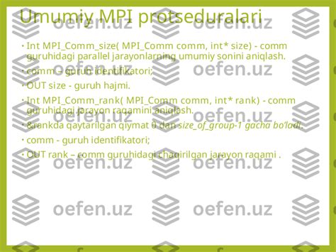 umumiy mpi protseduralari mpi comm size mpi comm rank mpi get