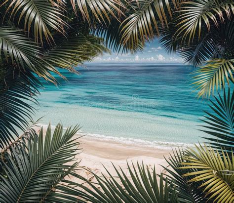 A Beautiful Beach Scene With Palm Trees And A Blue Ocean Stock Photo