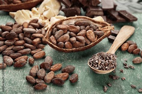Different Cocoa Products On Wooden Background Stock Photo Adobe Stock