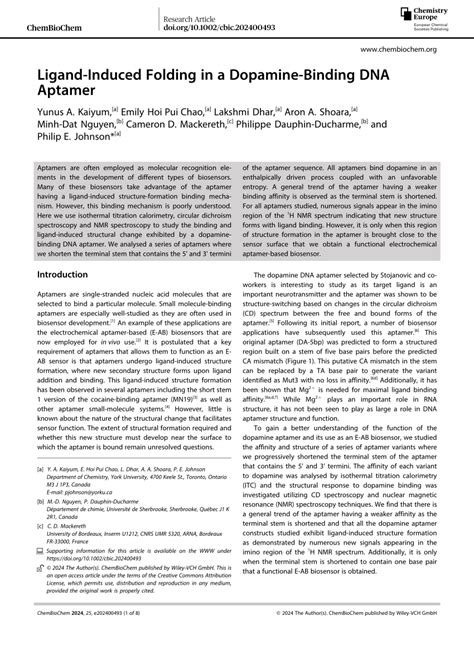 Pdf Ligand‐induced Folding In A Dopamine‐binding Dna Aptamer