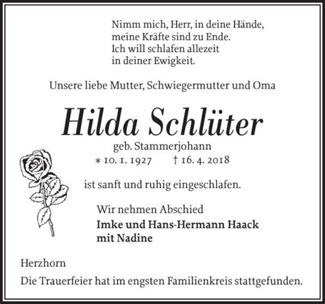 Traueranzeigen Von Hilda Schlüter Sh Z Trauer