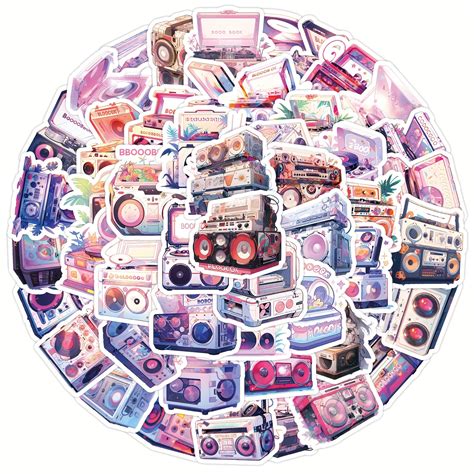 노트북 스케이트보드 물병용 비닐 레트로 붐박스 스티커 50개 카툰 테마의 셀프 접착형 데칼 파티 선물 교실 보상 문구용 불규칙한 모양 플라스틱 유리