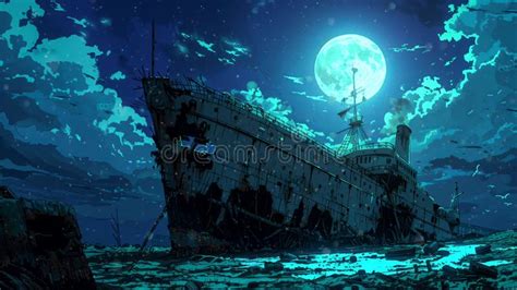 Spectral Shipwreck Graveyard Anime Or Digital Painting Style Looping