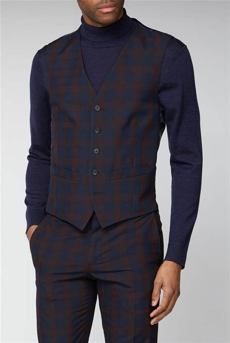 Limehaus Navy Burgundy Check Skinny Waistcoat Suit Direct