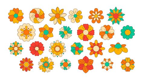 선형 히피 꽃입니다 낙서 그루비 꽃 아이콘 60 년대 꽃 힘 기호 추상 개요 다채로운 꽃 기호 벡터 컬렉션 1960 1969 년에 대한 스톡 벡터 아트 및 기타 이미지