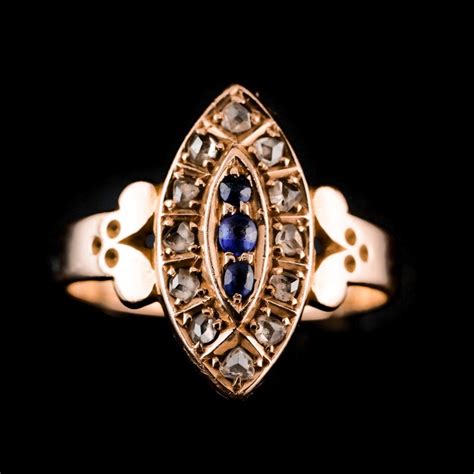 Antique Victorian 15k Sapphire And Diamond Navette Ring Chester 1893